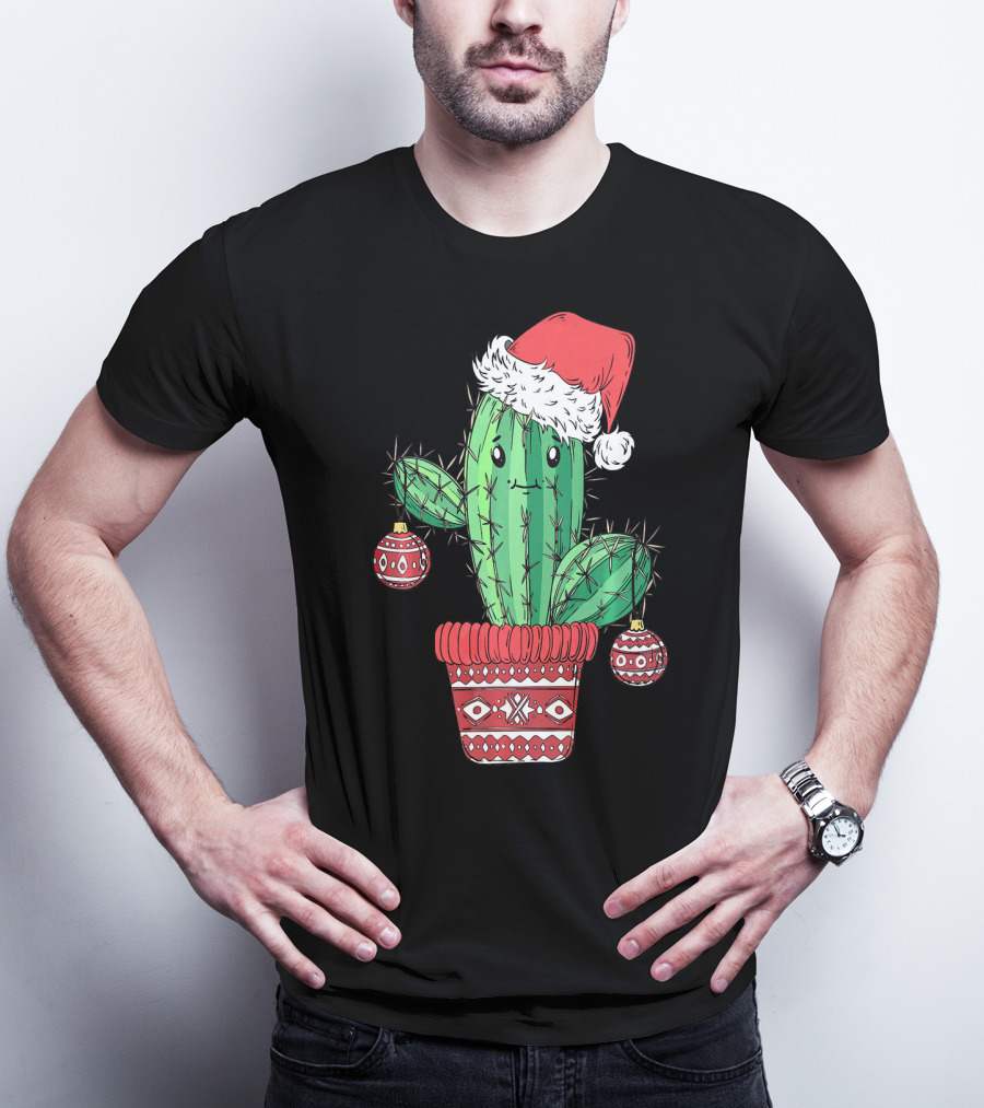 Cactus Christmas Tree Santa Hat Festive Ornaments T-Shirt
