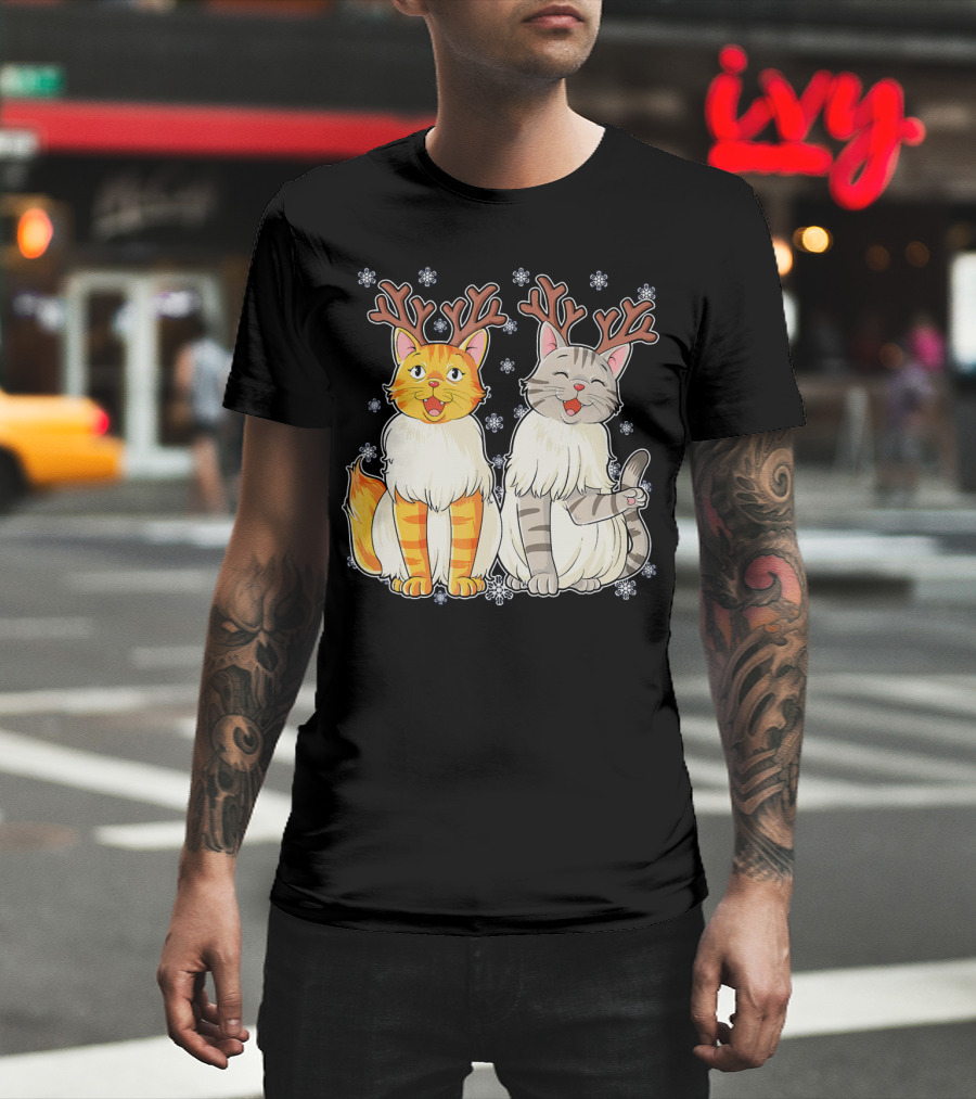 Funny Christmas Cat Reindeer With Snowflakes T-Shirt