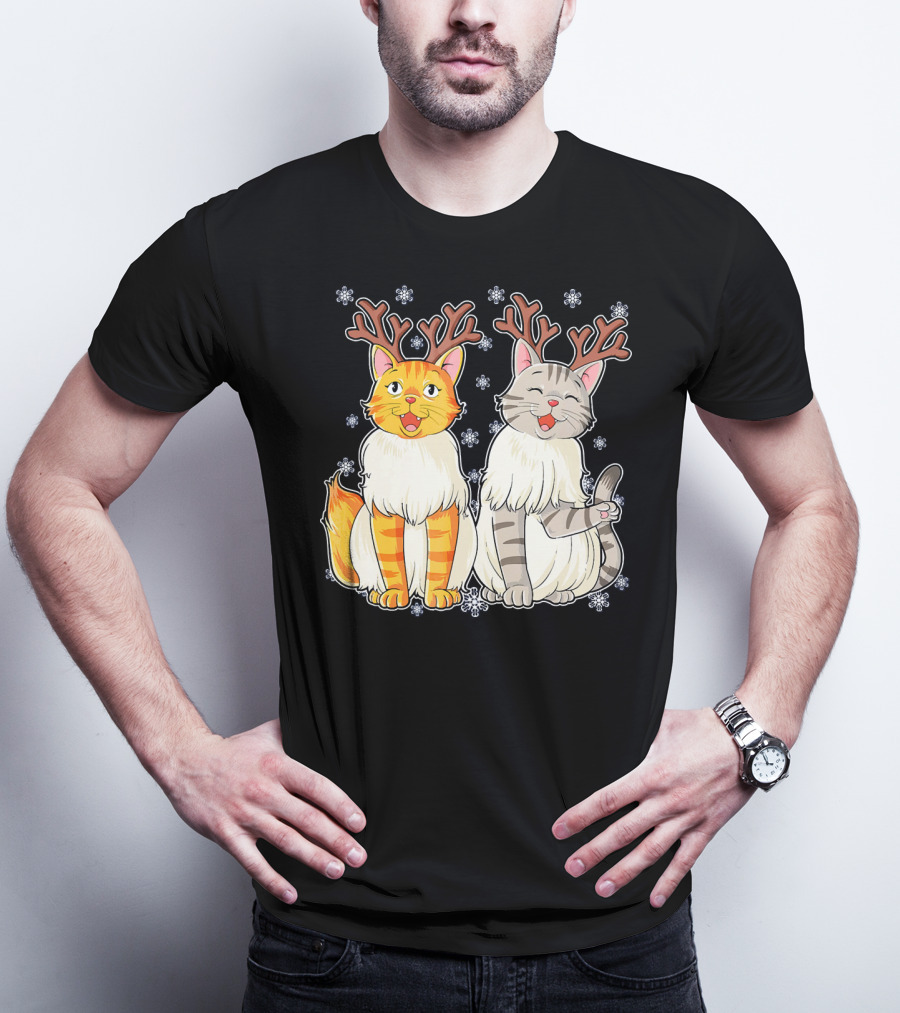 Funny Christmas Cat Reindeer With Snowflakes T-Shirt