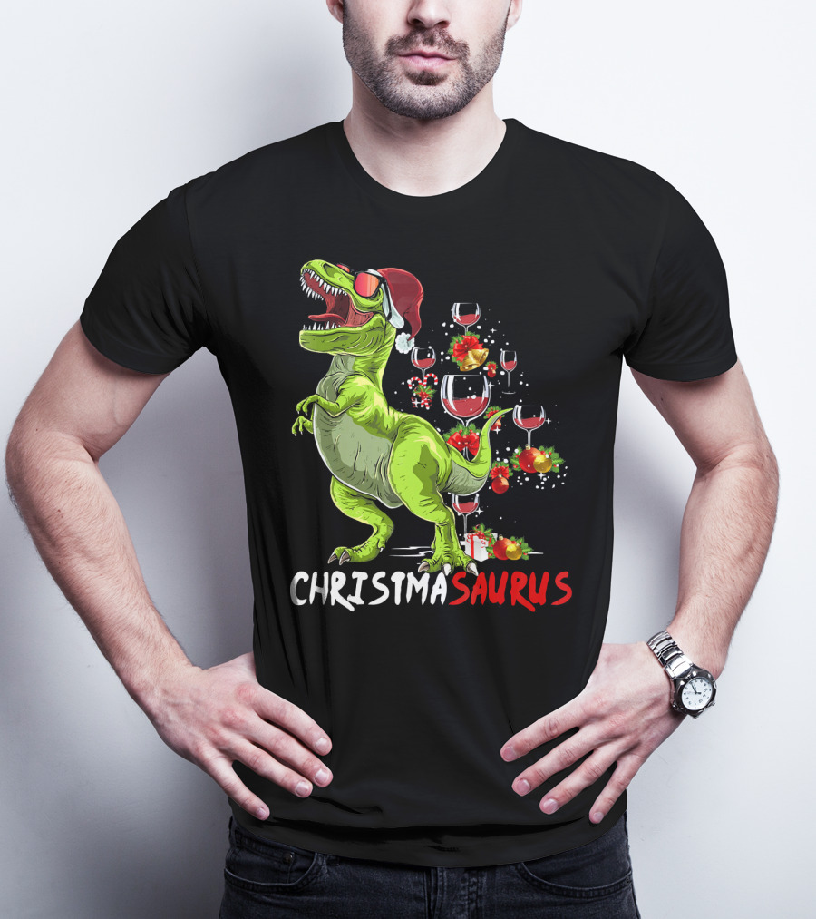 Christmasaurus T-Rex Santa Hat Wine Ornaments T-Shirt