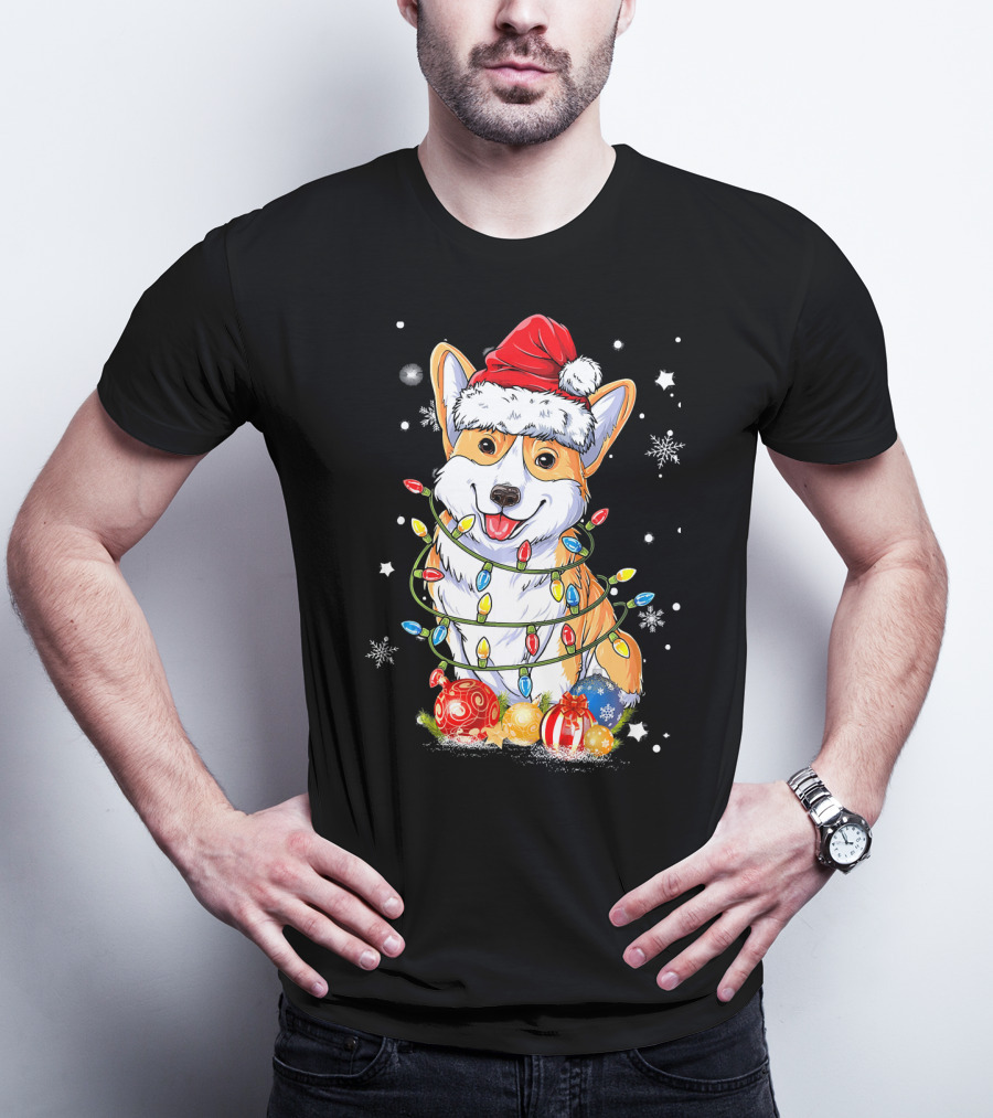 Merry Corgmas Xmas Tree Santa Corgi Wrapped In Christmas Lights And Ornaments T-Shirt