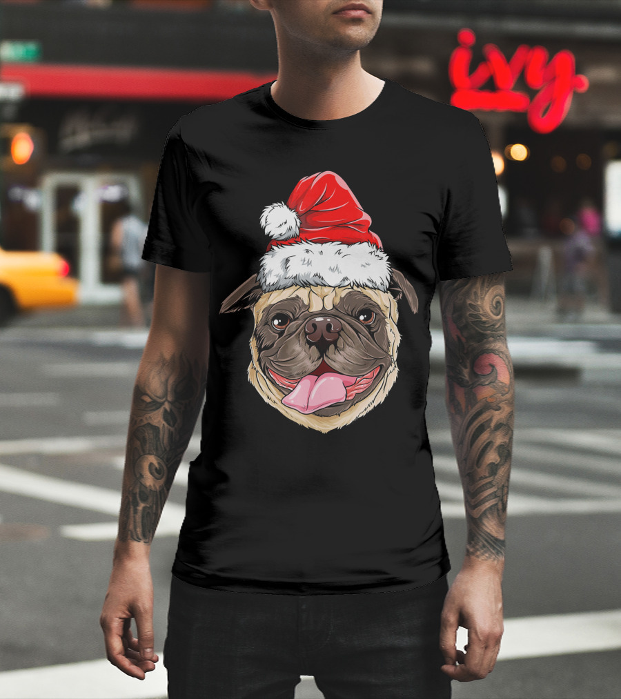 Pug Santa Christmas Hat Joyful Expression T-Shirt
