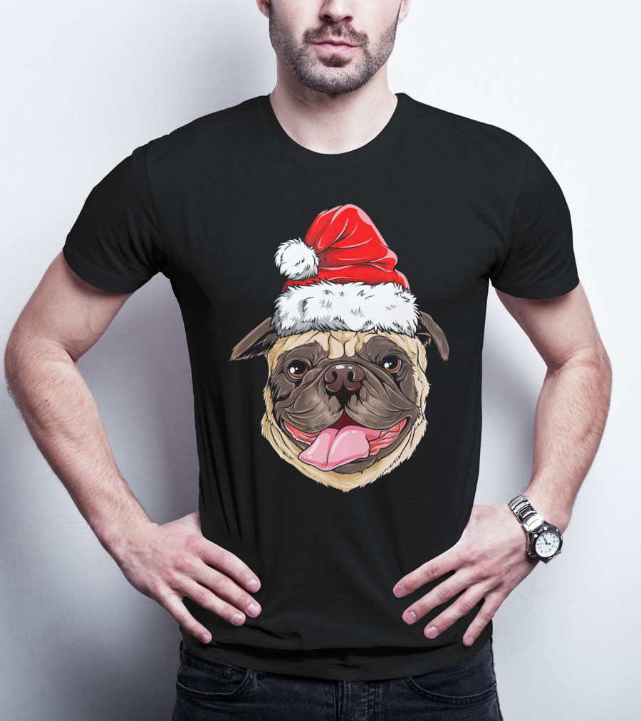 Pug Santa Christmas Hat Joyful Expression T-Shirt