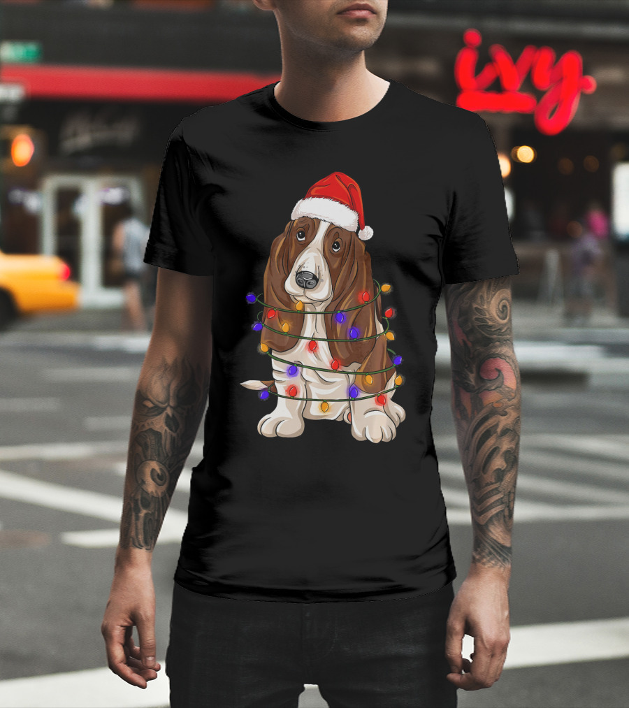 Basset Hound Santa Hat Wrapped In Christmas Lights T-Shirt