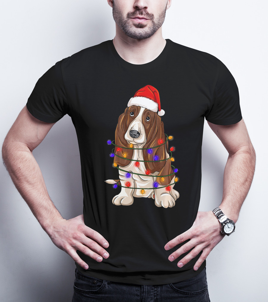Basset Hound Santa Hat Wrapped In Christmas Lights T-Shirt