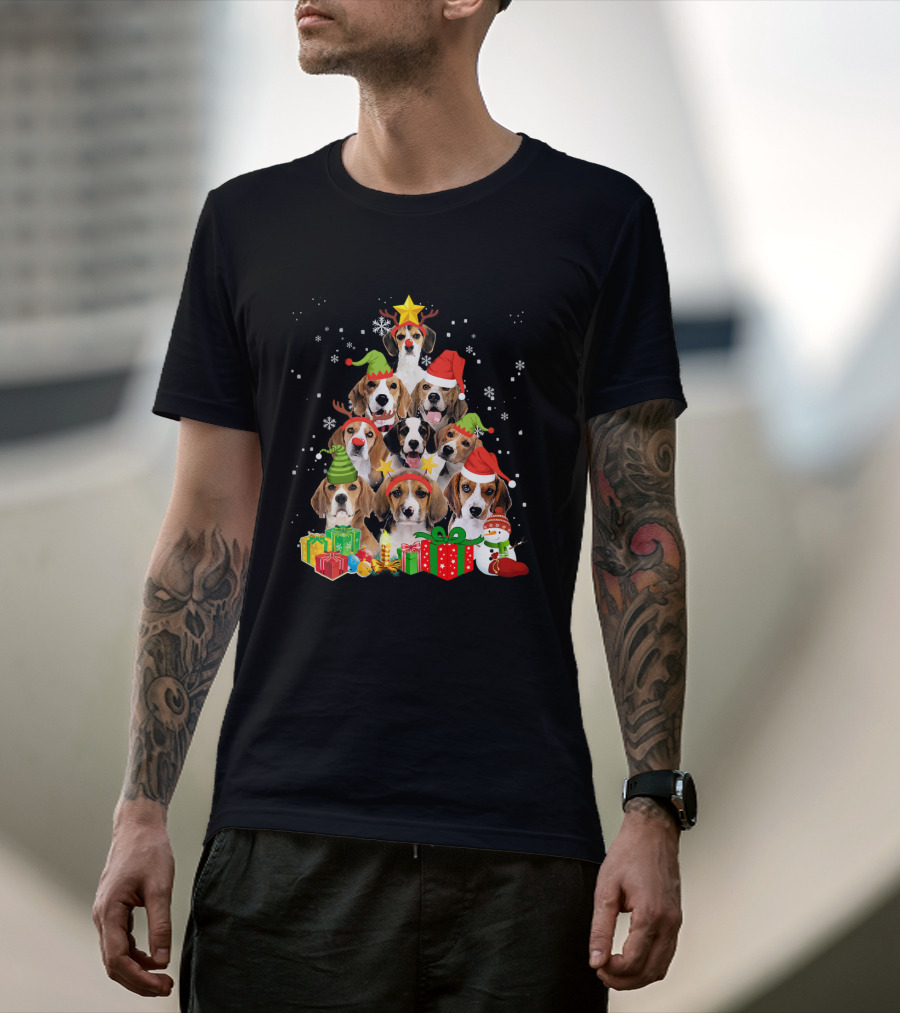 Funny Beagle Christmas Tree Santa Hats Presents Snowman T-Shirt