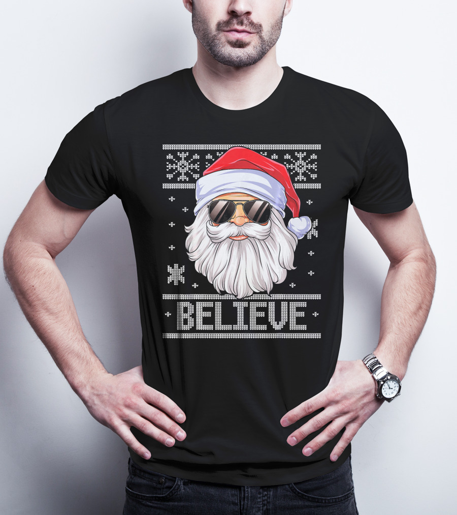 Santa Believe Christmas Sweater Design With Sunglasses And Snowflakes T-Shirt