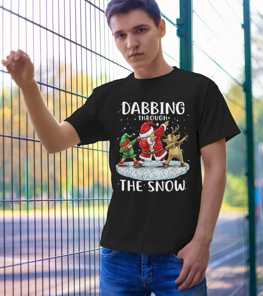 Dabbing Through The Snow Santa Elf Reindeer Funny Christmas T-Shirt