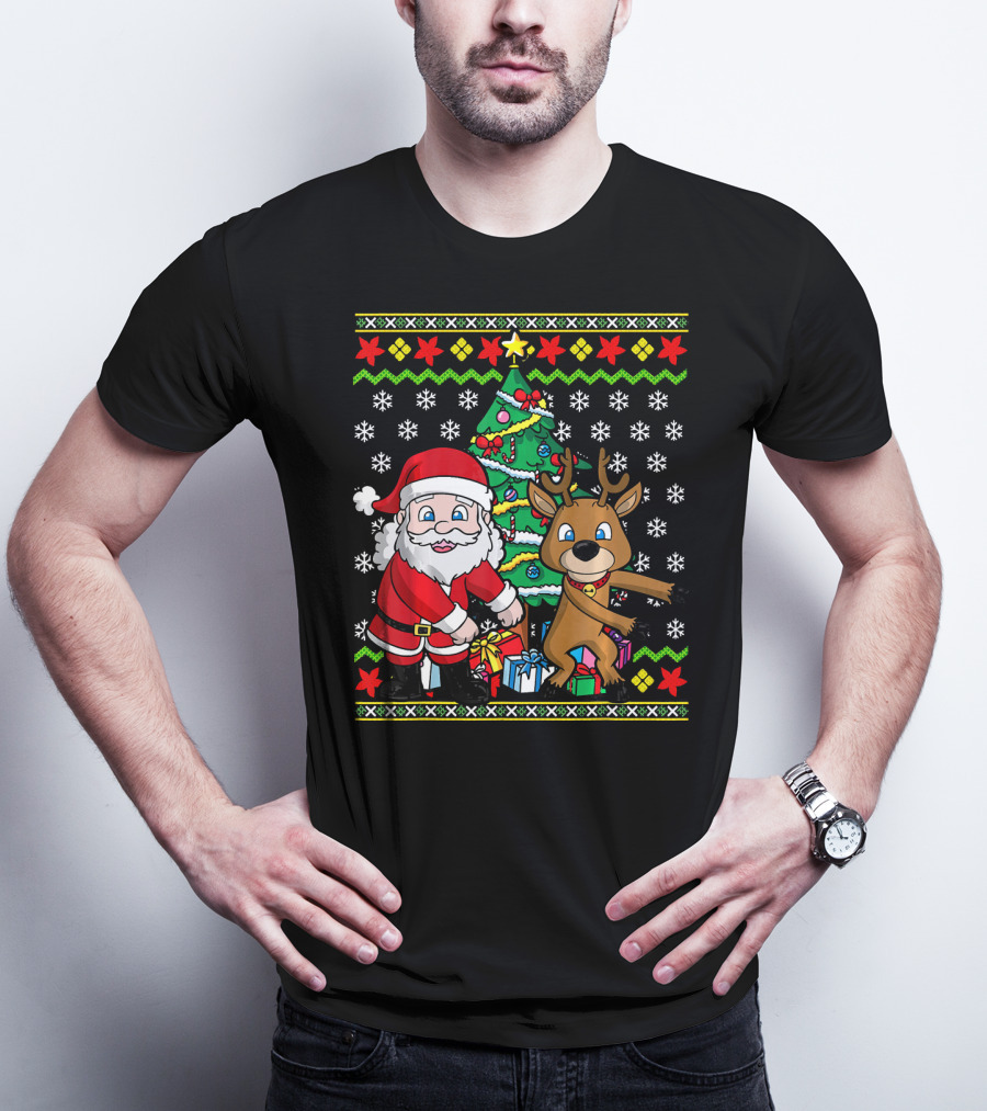 Ugly Christmas Kids Flossing Santa Reindeer Dance With Presents And Tree T-Shirt
