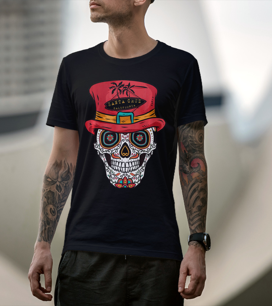 Santa Cruz California Sugar Skull Souvenir With Red Hat And Tropical Palm Trees T-Shirt