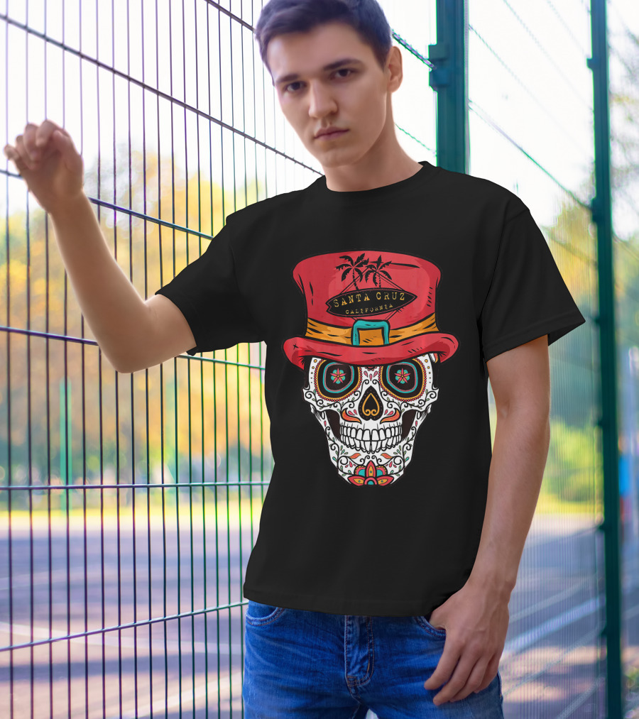 Santa Cruz California Sugar Skull Souvenir With Red Hat And Tropical Palm Trees T-Shirt
