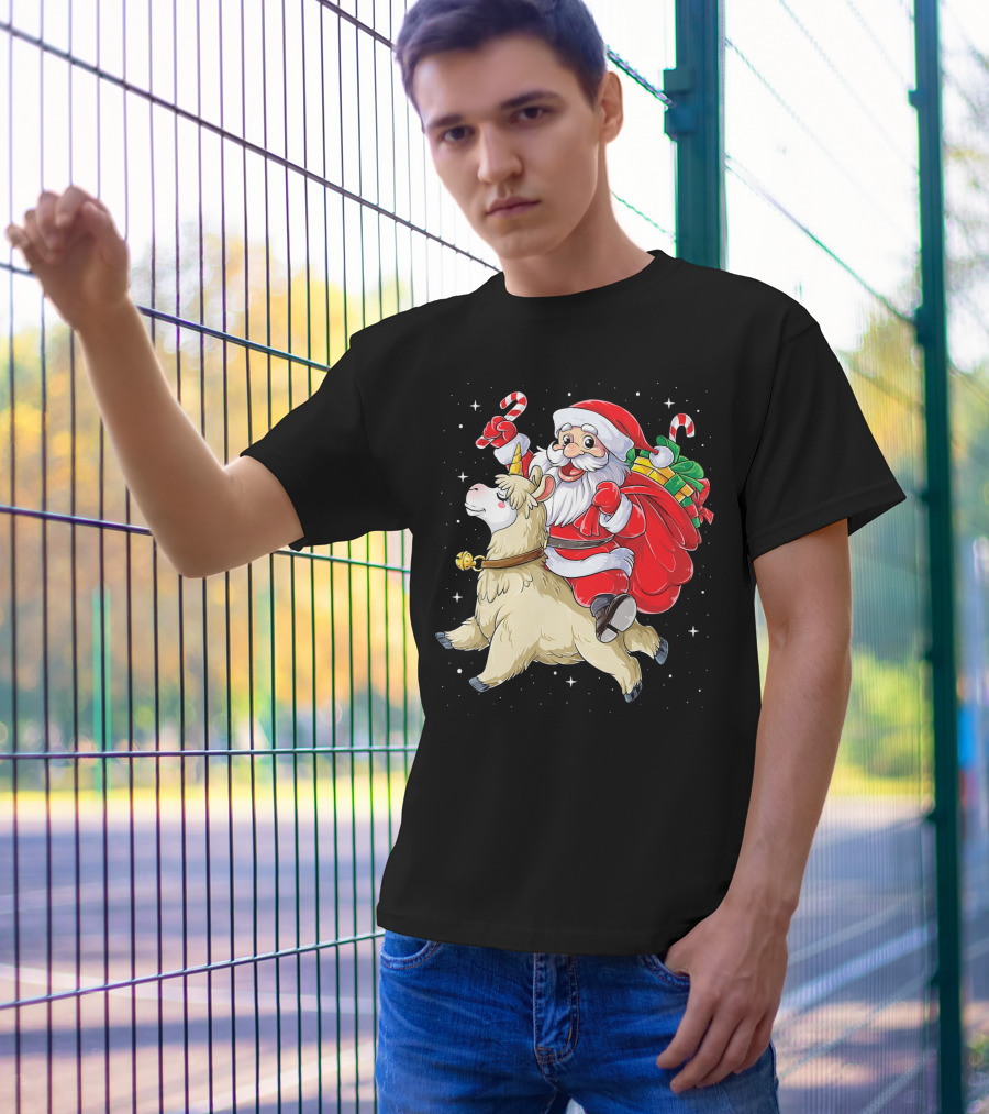 Fa La La Llama Christmas Santa Riding Llama With Candy Canes And Gifts T-Shirt