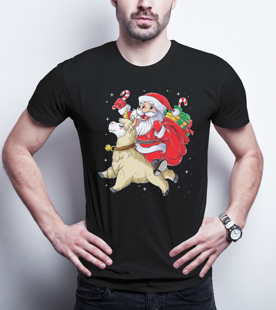 Fa La La Llama Christmas Santa Riding Llama With Candy Canes And Gifts T-Shirt