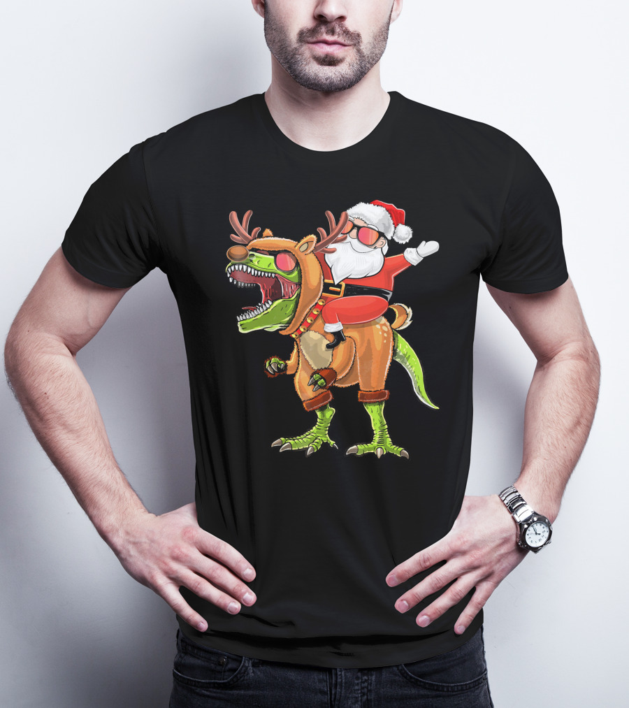Santa Riding Reindeer Rex Dinosaur With Holiday Cheer T-Shirt