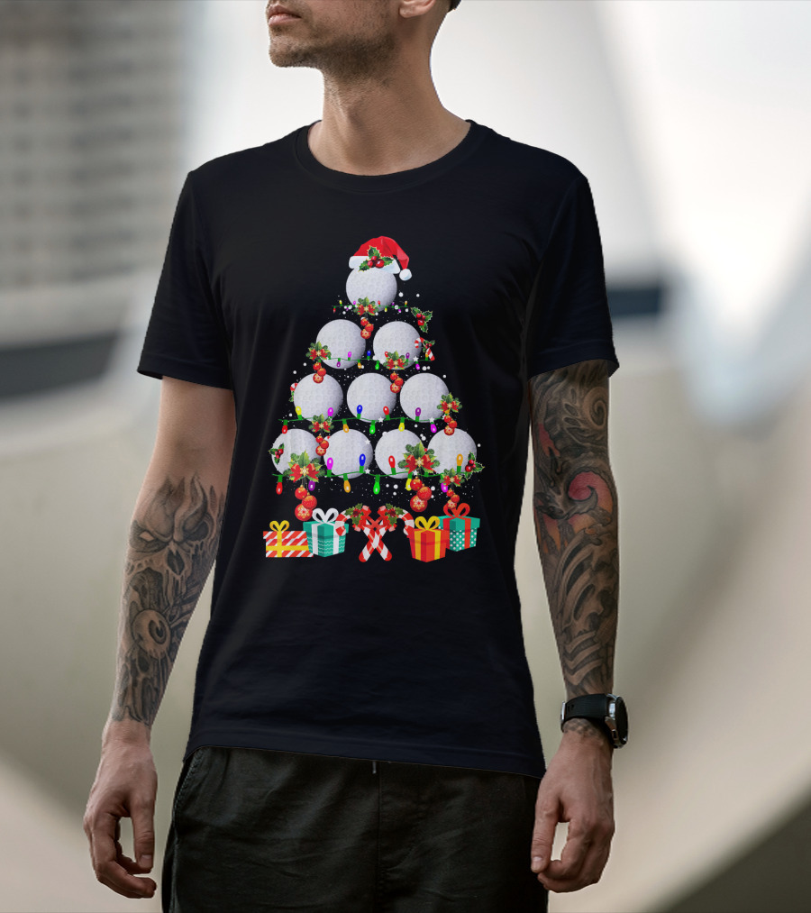 Golf Ball Christmas Tree Santa Hat Holiday Gifts T-Shirt