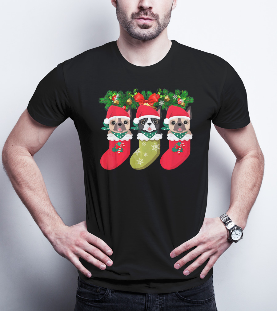 Pug Christmas Socks Festive Dog Stocking Trio With Santa Hats And Holly T-Shirt