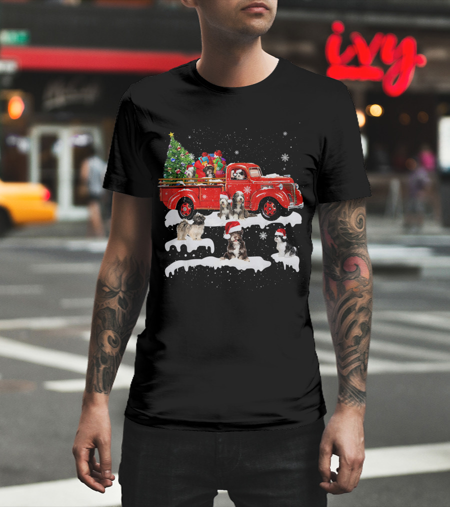 Tibetan Terrier Santa Hats Riding Red Truck With Christmas Tree And Gifts Snowflakes T-Shirt
