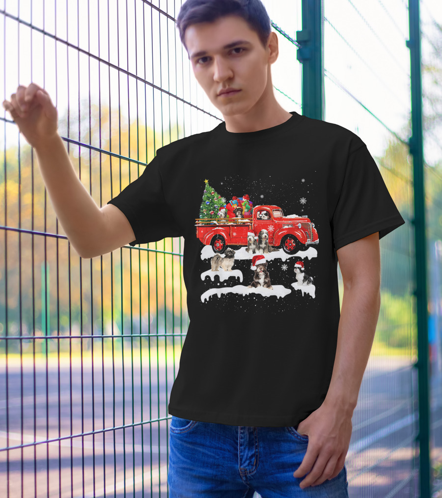 Tibetan Terrier Santa Hats Riding Red Truck With Christmas Tree And Gifts Snowflakes T-Shirt