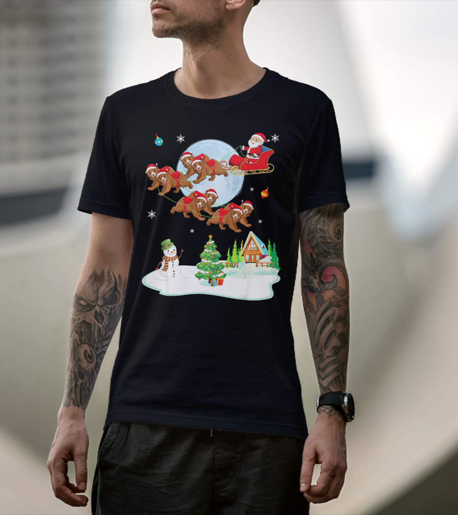 Santa Claus Sleigh With Bears And Snowman By Moonlit Cabin Noel T-Shirt