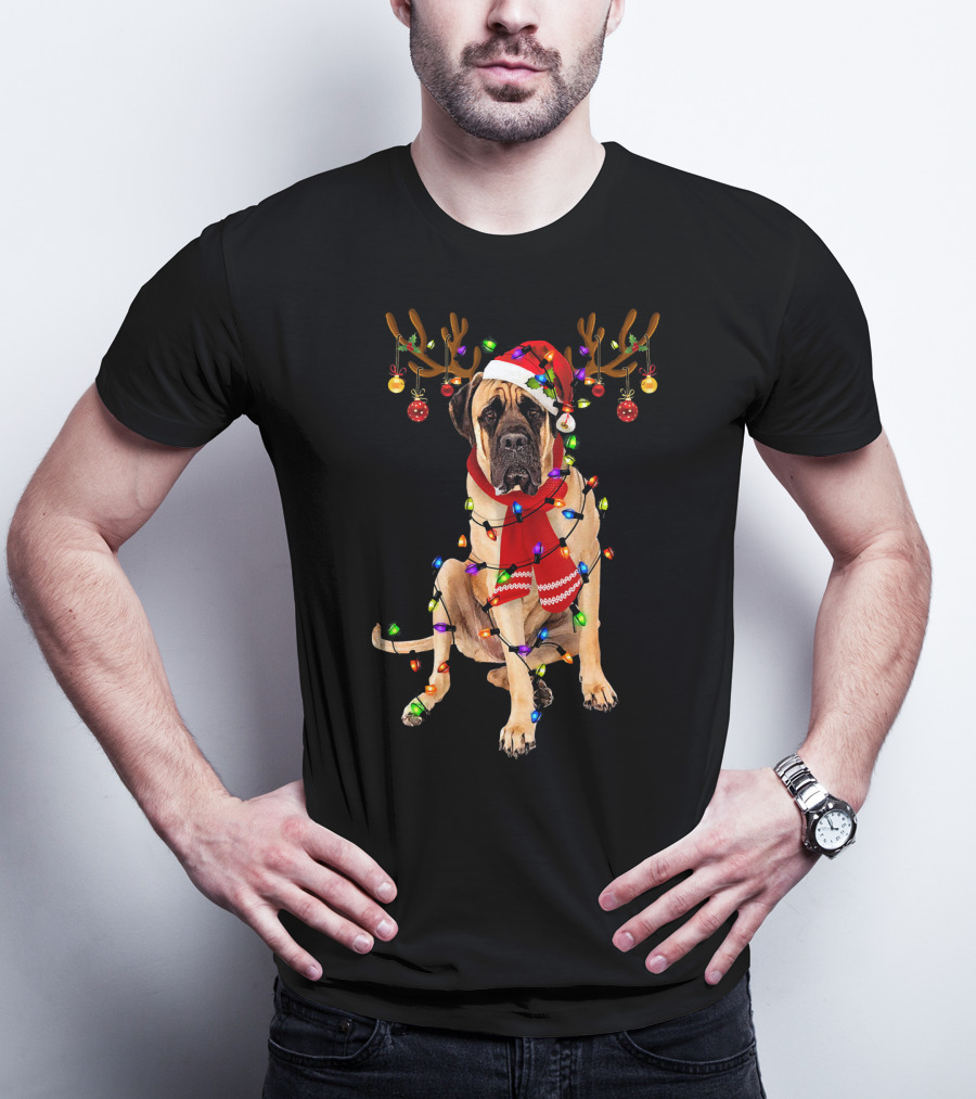 English Mastiff Christmas Lights Reindeer Antlers Santa Hat Scarf T-Shirt