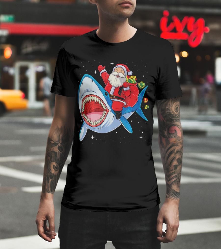 Christmas Kids Santa Riding Shark With Gifts T-Shirt