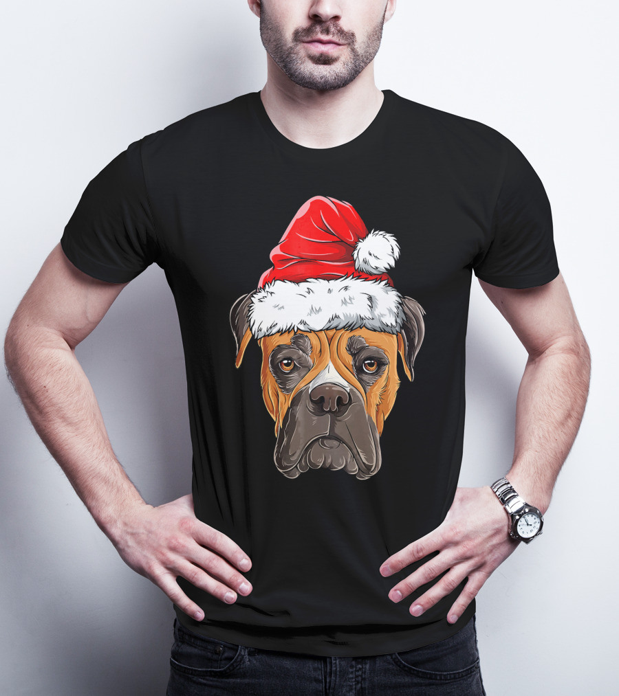 Boxer Dog With Santa Hat Christmas Holiday T-Shirt