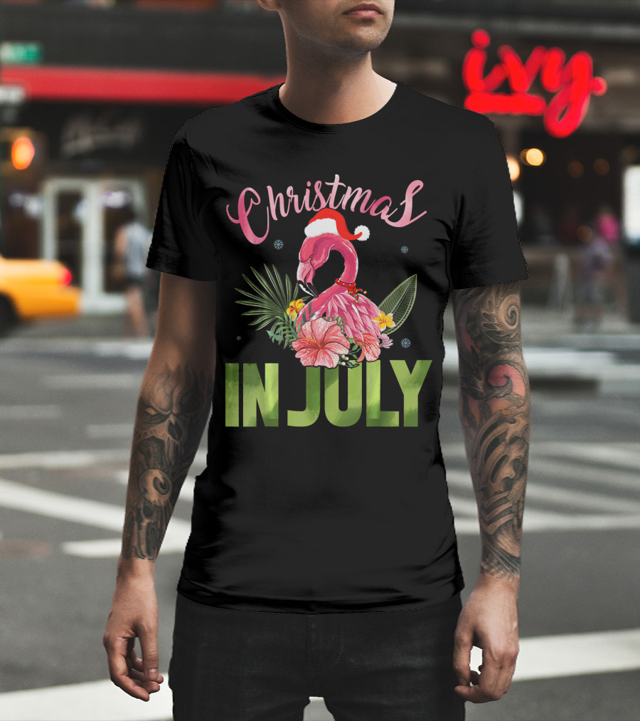 Christmas In July Cute Santa Hat Flamingo Summer T-Shirt
