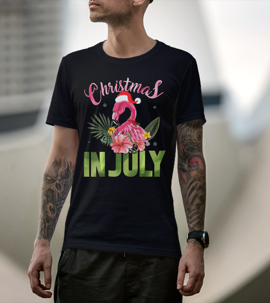 Christmas In July Cute Santa Hat Flamingo Summer T-Shirt