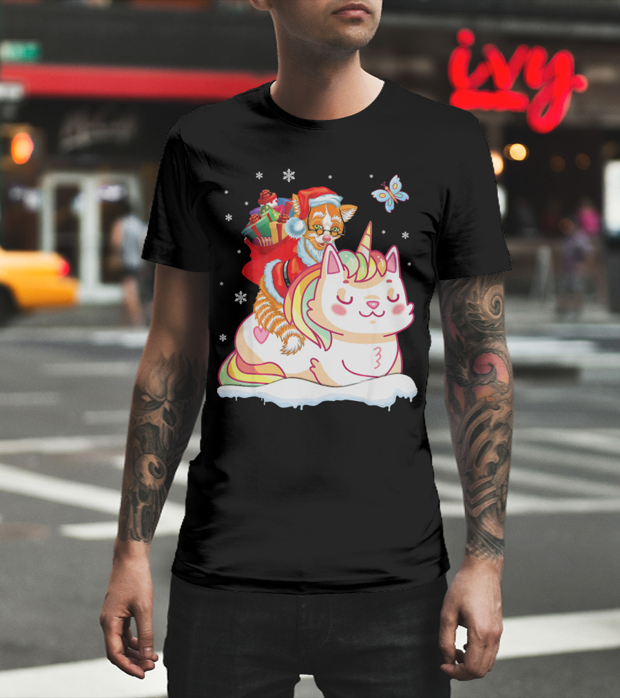 Santa Cat Riding Unicorn With Christmas Presents And Butterfly T-Shirt