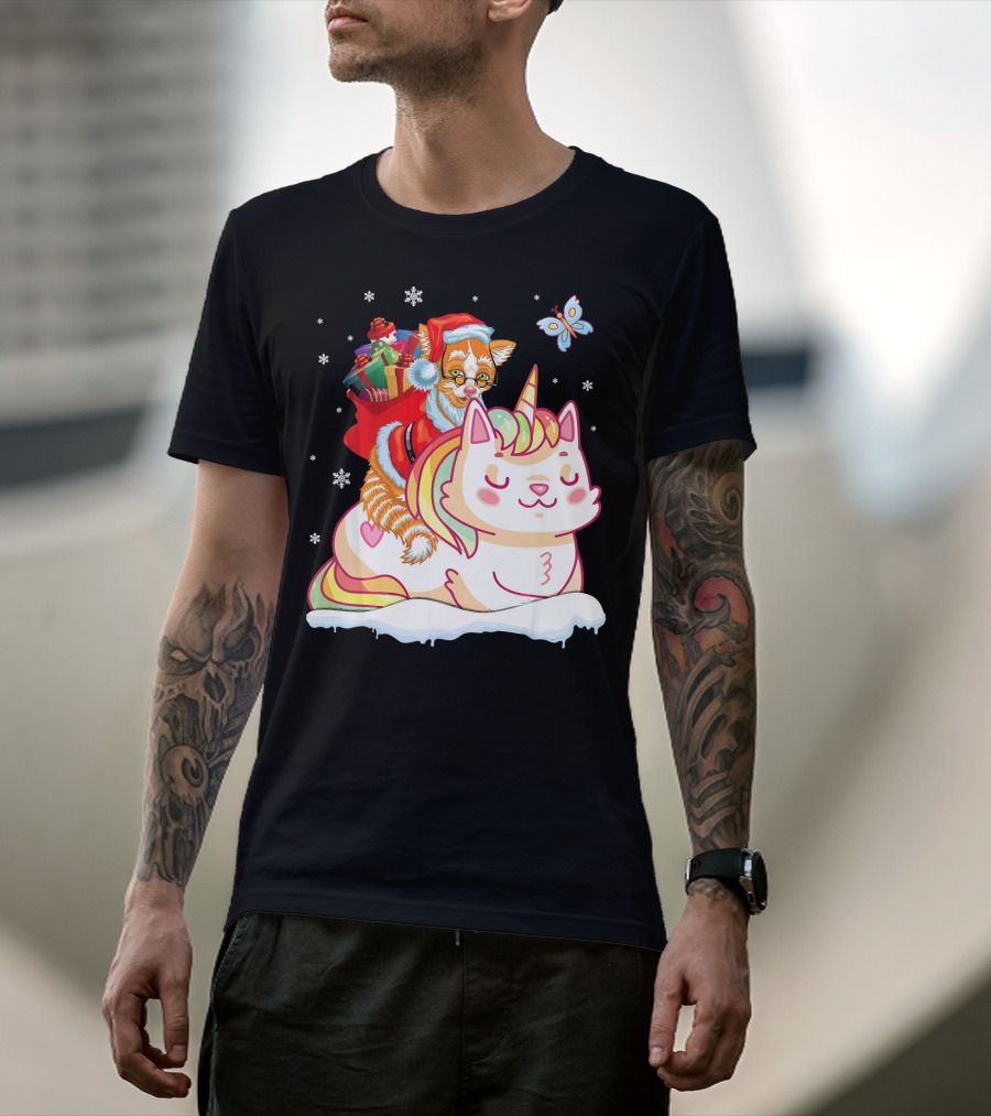 Santa Cat Riding Unicorn With Christmas Presents And Butterfly T-Shirt