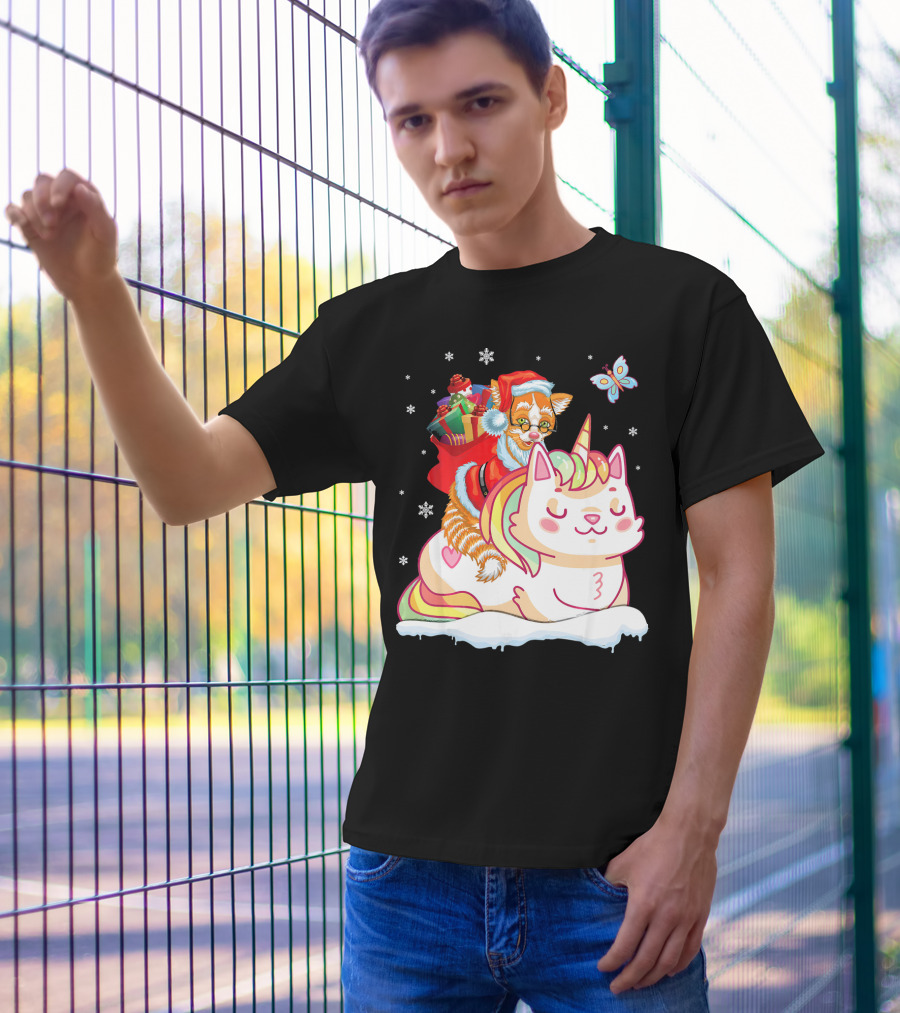 Santa Cat Riding Unicorn With Christmas Presents And Butterfly T-Shirt