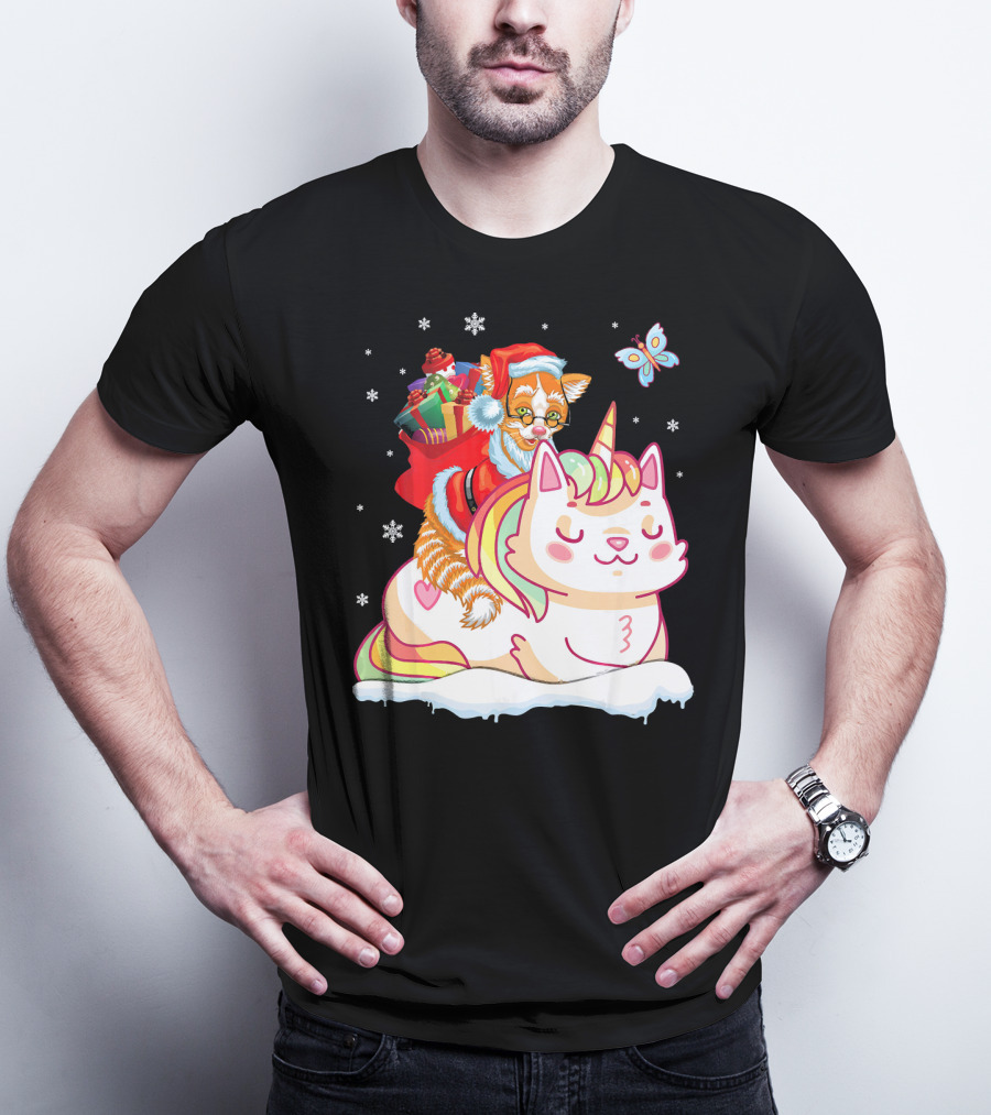 Santa Cat Riding Unicorn With Christmas Presents And Butterfly T-Shirt