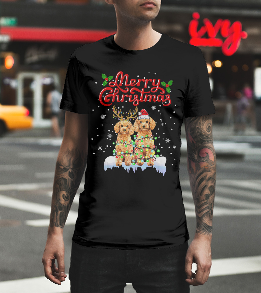 Merry Christmas Poodle Lights Funny Dog Matching T-Shirt