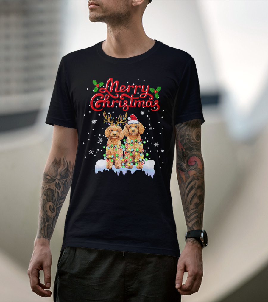 Merry Christmas Poodle Lights Funny Dog Matching T-Shirt