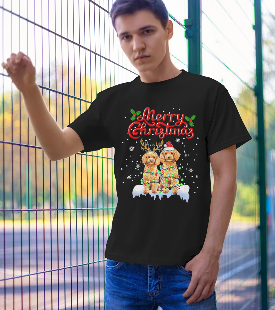 Merry Christmas Poodle Lights Funny Dog Matching T-Shirt