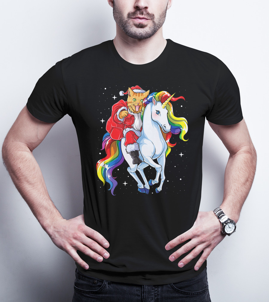 Cat Santa Riding Rainbow Unicorn Christmas Girl T-Shirt