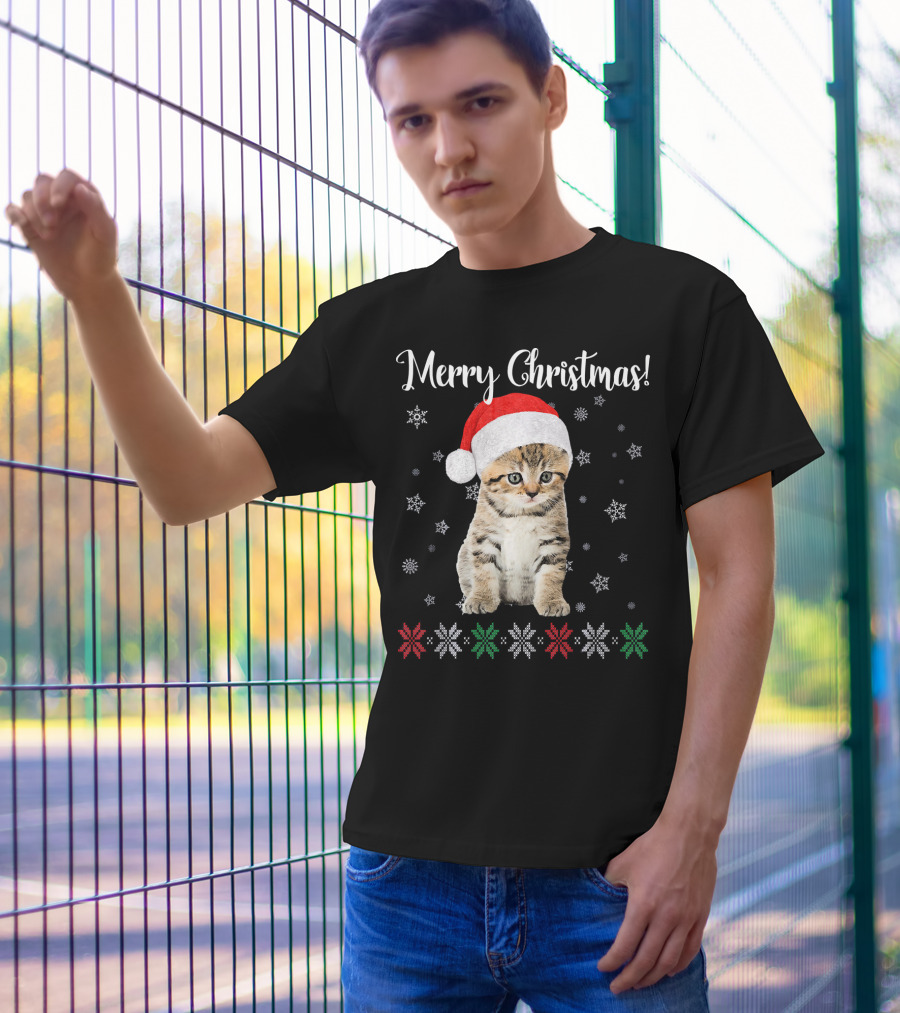Merry Christmas Cat Wearing Santa Hat With Snowflakes And Festive Stars T-Shirt