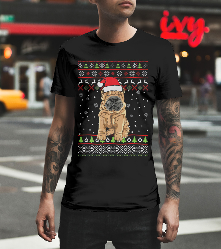 Chinese Shar Pei Christmas Sweater Santa Hat Holiday Family Group T-Shirt