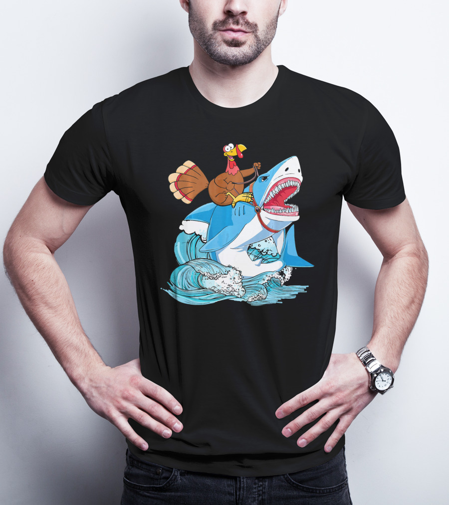 Dabbing Turkey Riding Great White Shark Waves T-Shirt