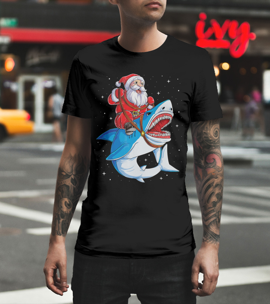 Santa Riding Shark Christmas Boys Santa Shark T-Shirt