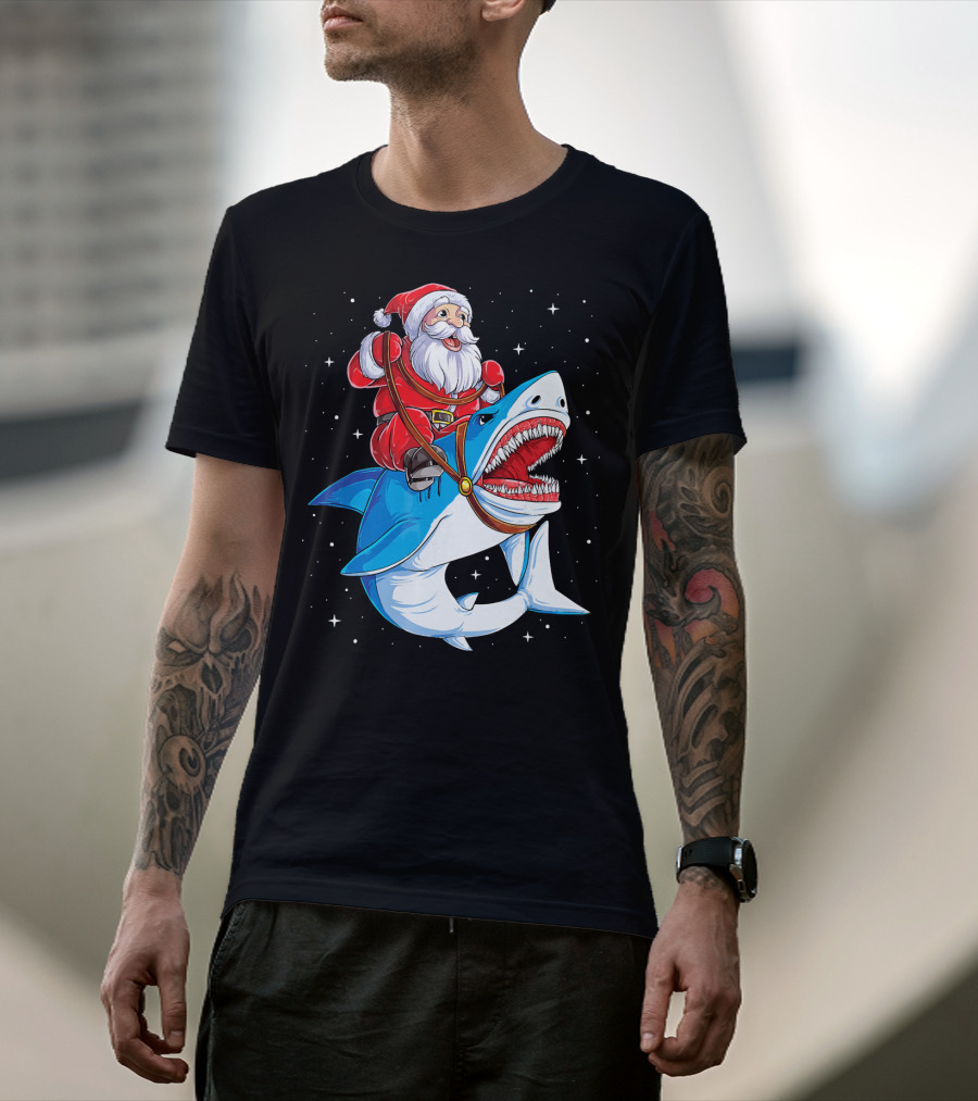 Santa Riding Shark Christmas Boys Santa Shark T-Shirt