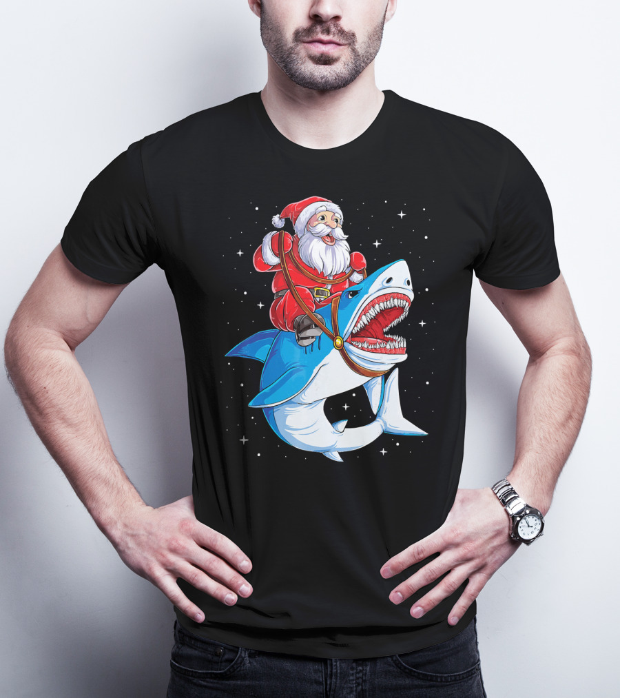 Santa Riding Shark Christmas Boys Santa Shark T-Shirt