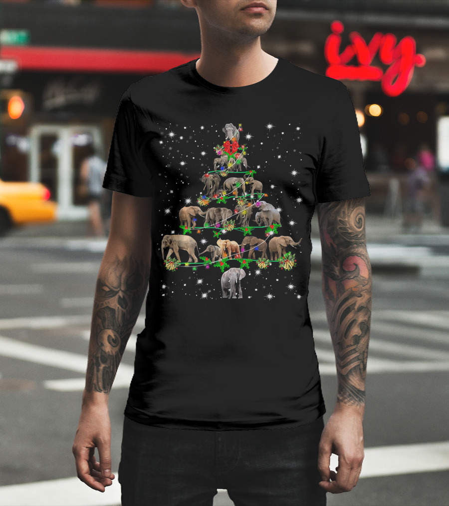 Funny Elephants Christmas Tree Ornament Holiday Decor With Festive Snowflakes And Lights T-Shirt