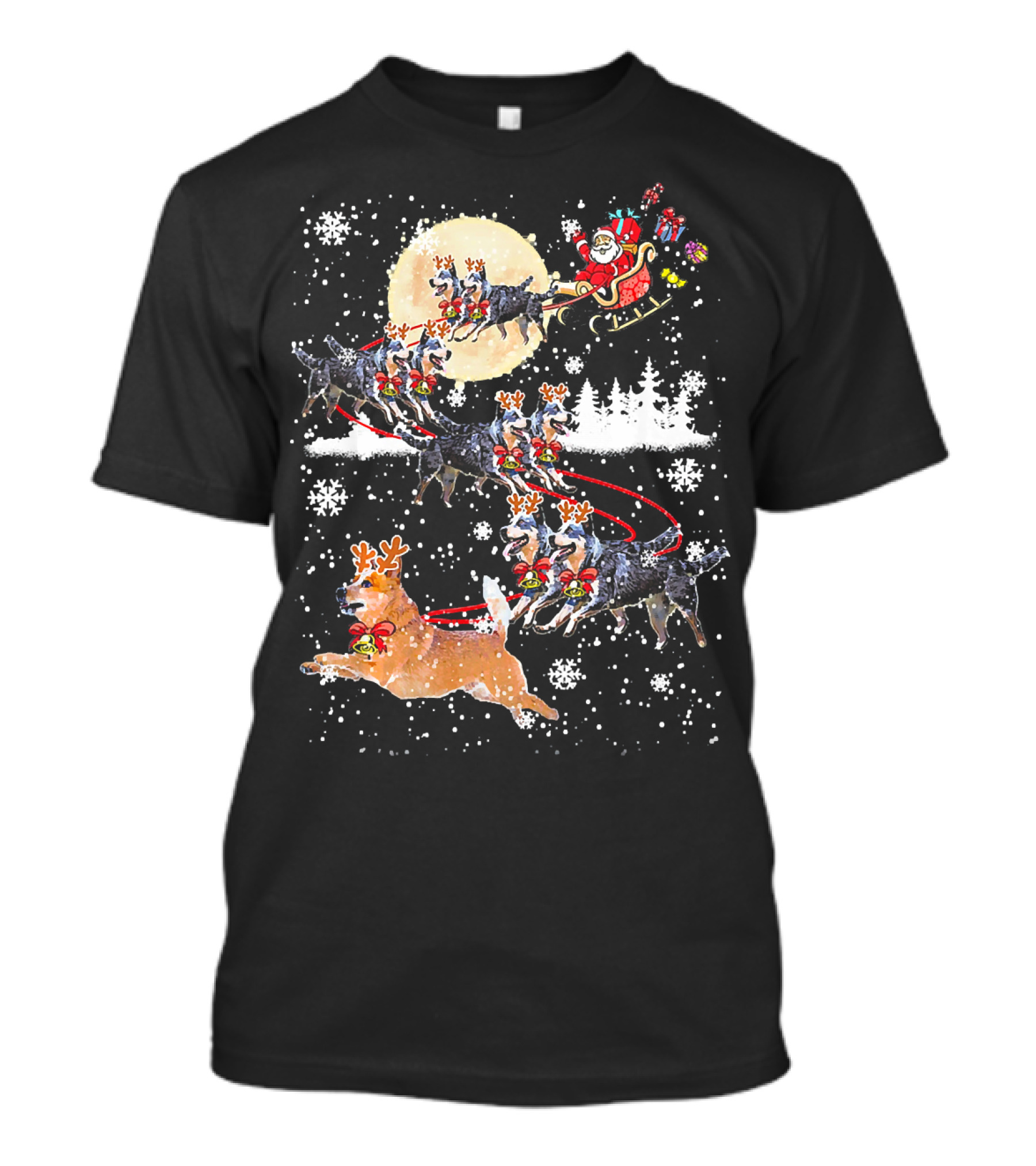 Heeler Reindeer Santa Sleigh Christmas Moon Dog T-Shirt