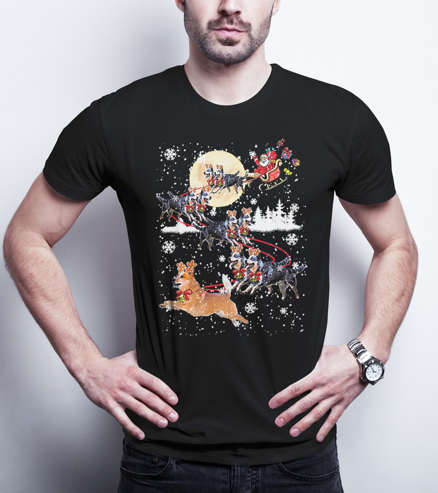 Heeler Reindeer Santa Sleigh Christmas Moon Dog T-Shirt