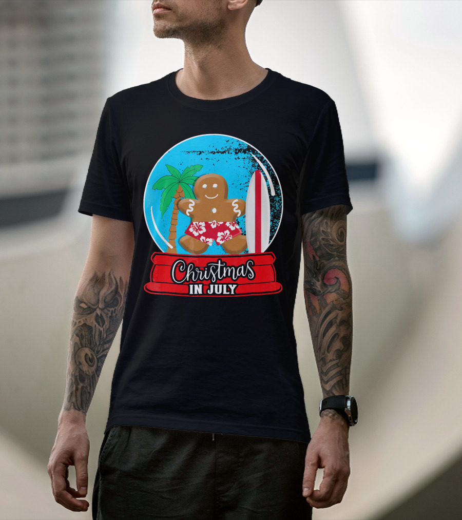 Christmas In July Surfing Gingerbread Snow Globe T-Shirt