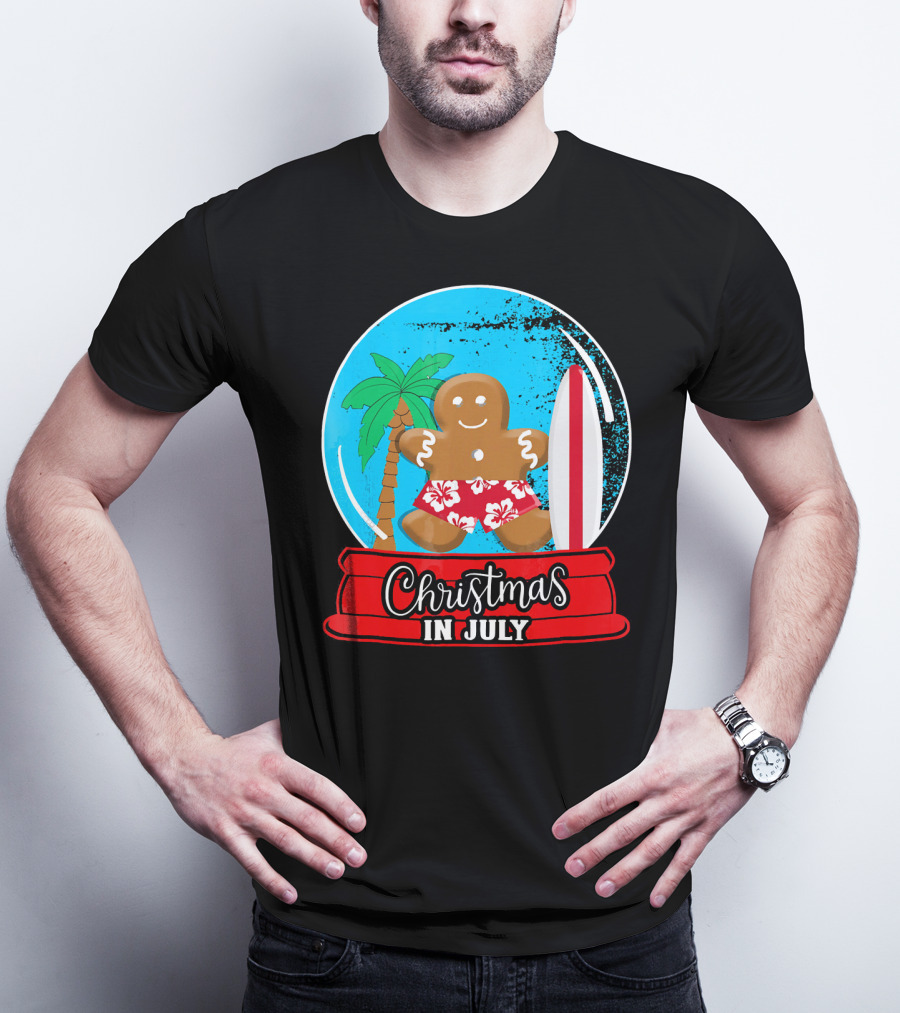 Christmas In July Surfing Gingerbread Snow Globe T-Shirt