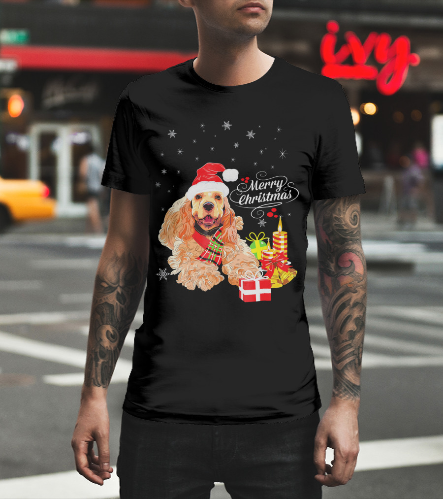 Cocker Spaniel Merry Christmas Santa Hat Candles Gifts Snowflakes T-Shirt
