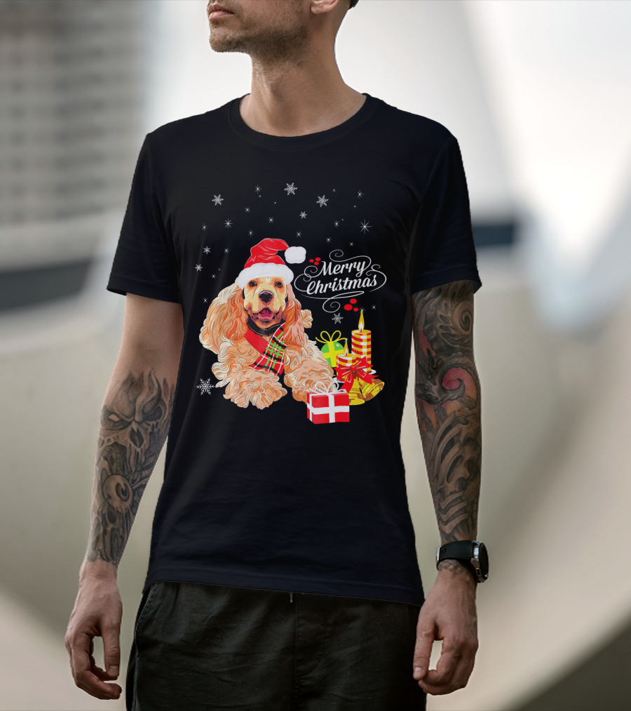 Cocker Spaniel Merry Christmas Santa Hat Candles Gifts Snowflakes T-Shirt