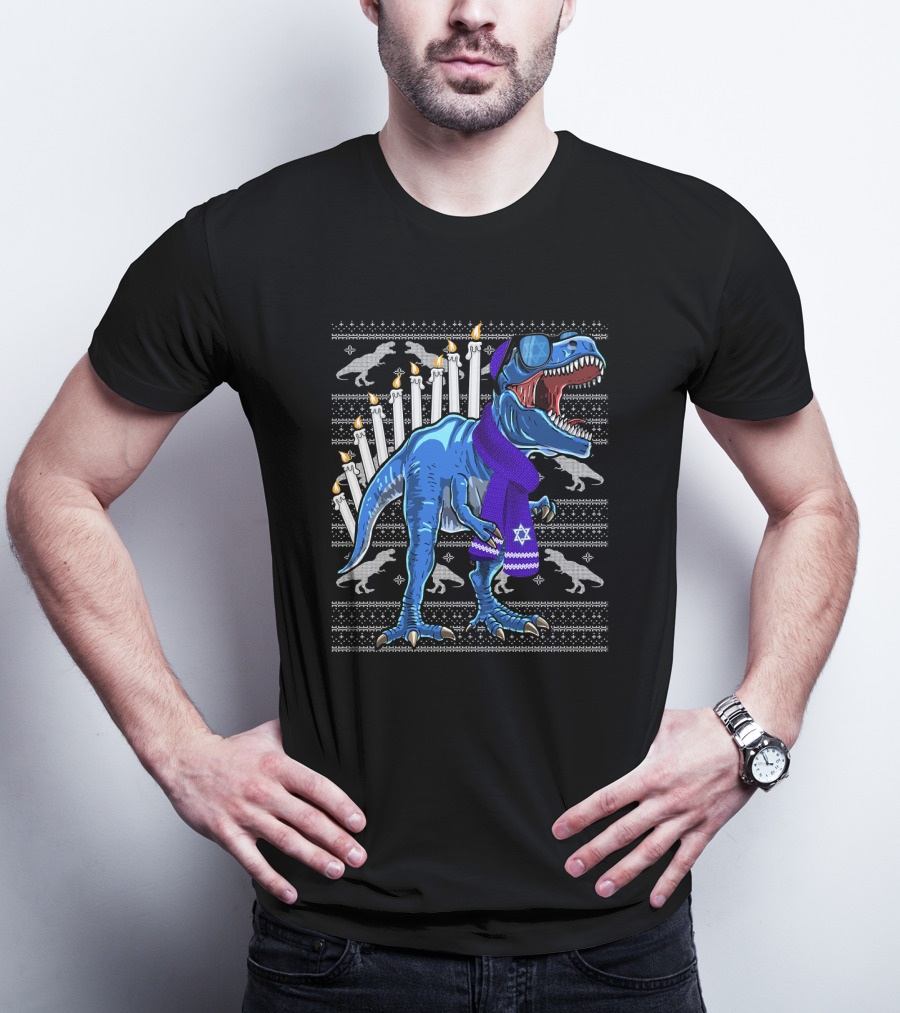 Menorasaurus Rex Dinosaur Wearing Blue Scarf And Sunglasses With Candles And Dinosaur T-Shirt